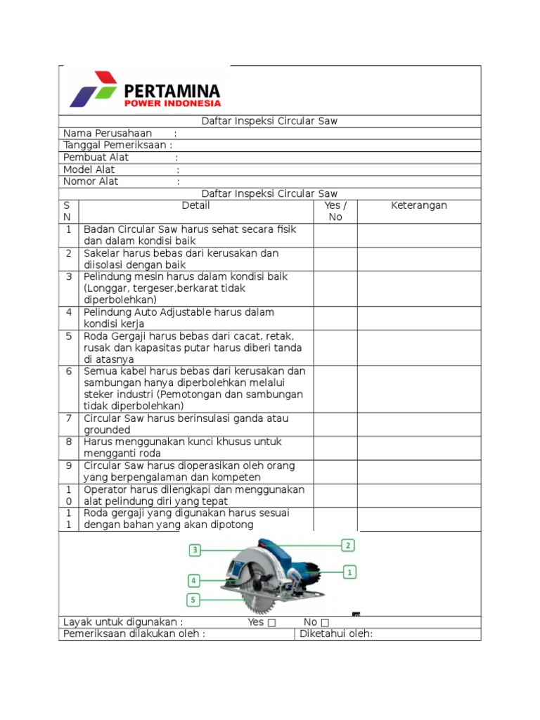 Form Daftar Inspeksi Circular Saw - Docx-1 | PDF