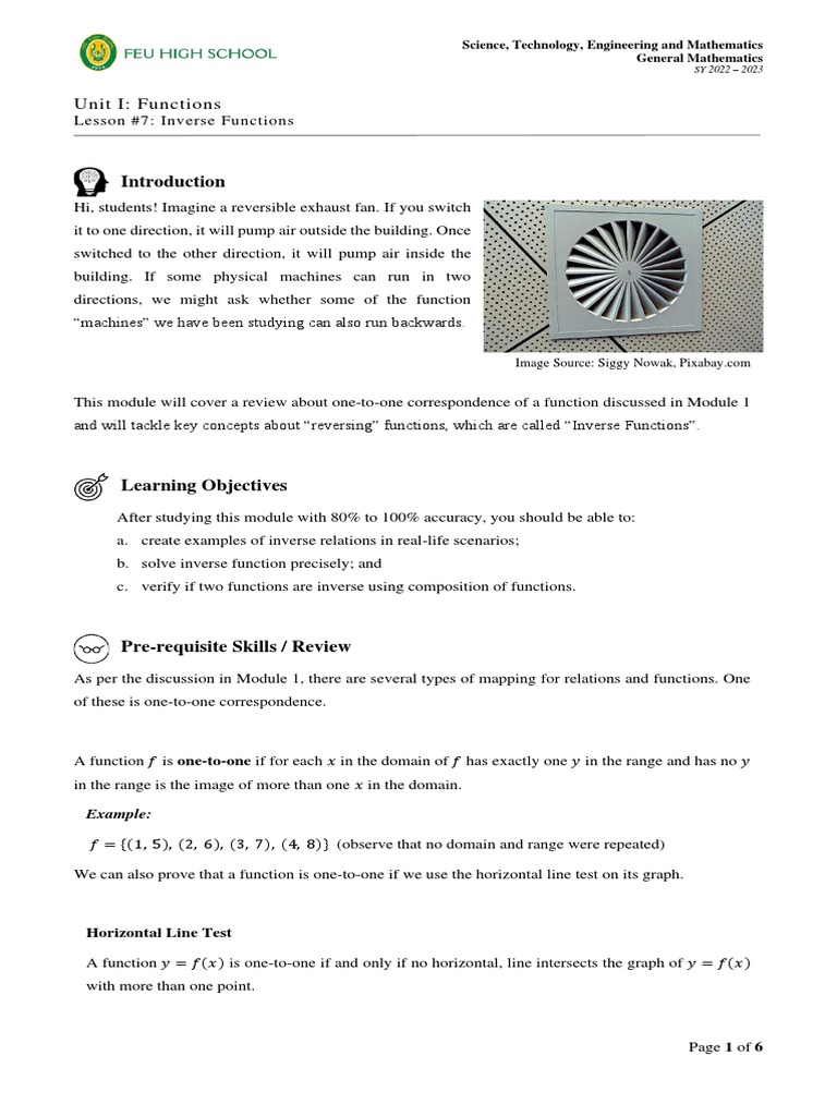 SG - Module 7 - INVERSE FUNCTIONS 22-23 | PDF | Function (Mathematics) | Mathematical Concepts