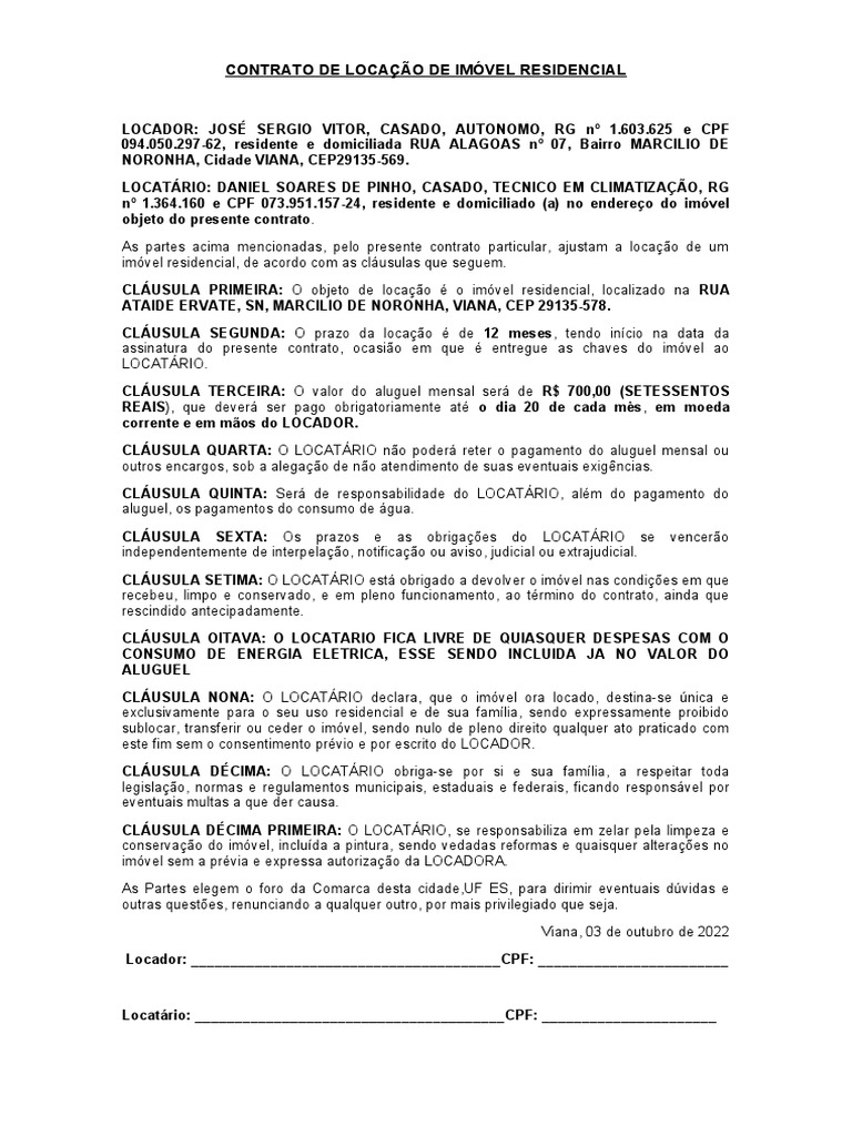 Modelo de Contrato de Aluguel Simples Word para Preencher Atualizado ...