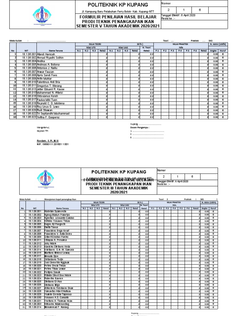 Format Nilai Prodi Tpi | PDF