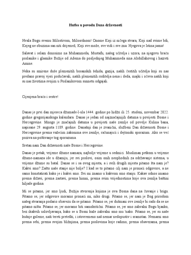 Hutba U Povodu Dana Državnosti 2022. | PDF