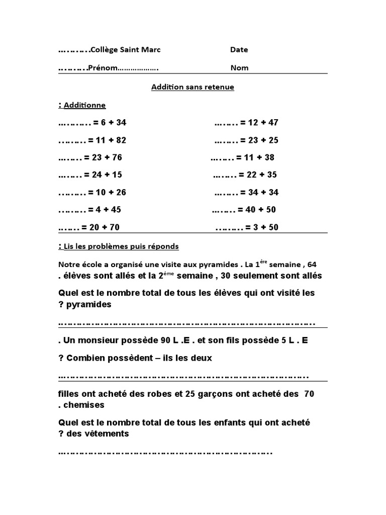 Addition Sans Retenue | PDF | Méthodes et références pédagogiques ...
