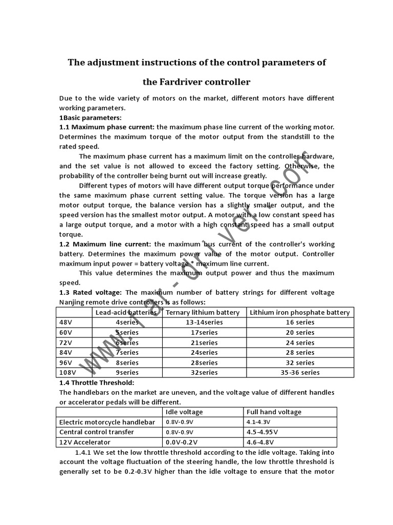 The Adjustment Instructions of The Control Parameters of The Fardriver Controller | Download ...