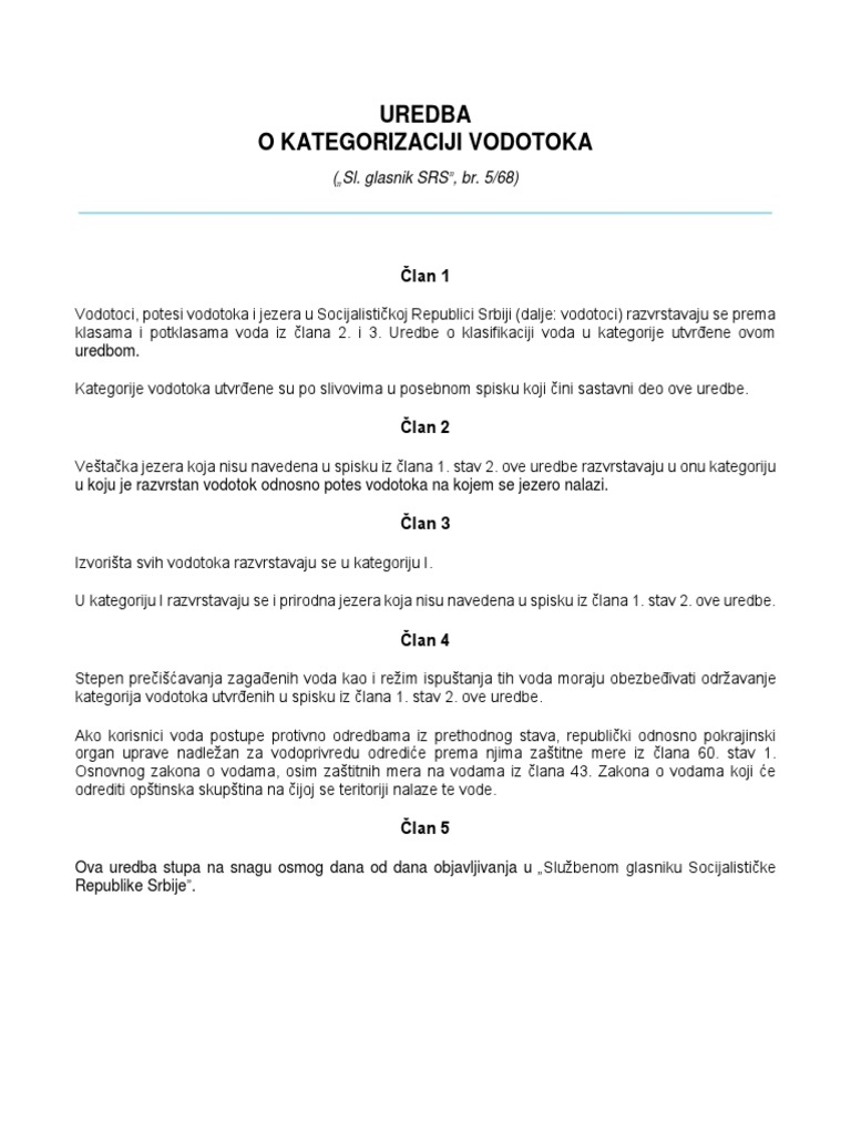 Uredba o Kategorizaciji Vodotoka | PDF