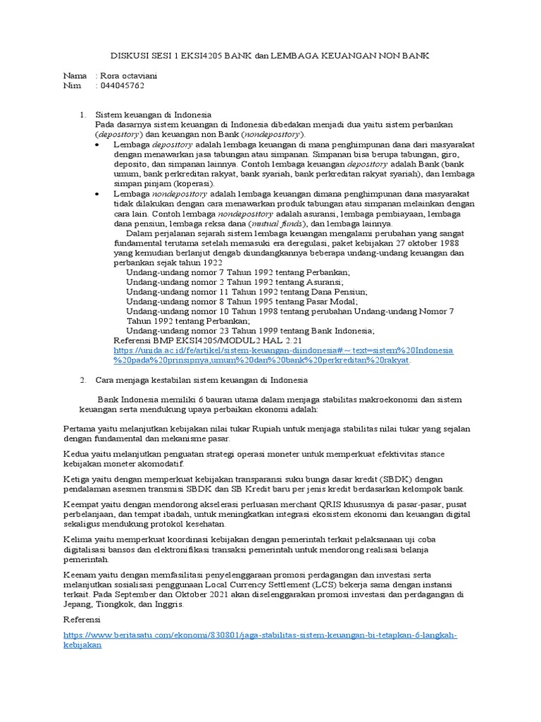 Diskusi Sesi 1 Eksi4205 Bank Dan Lembaga Keuangan Non Bank | PDF
