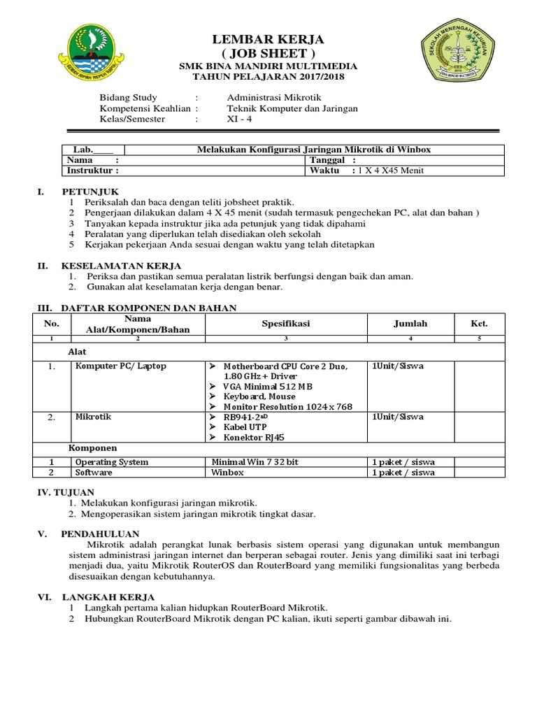 Job - Sheet - TKJ Mikrotik - Dasar | PDF | Komputer