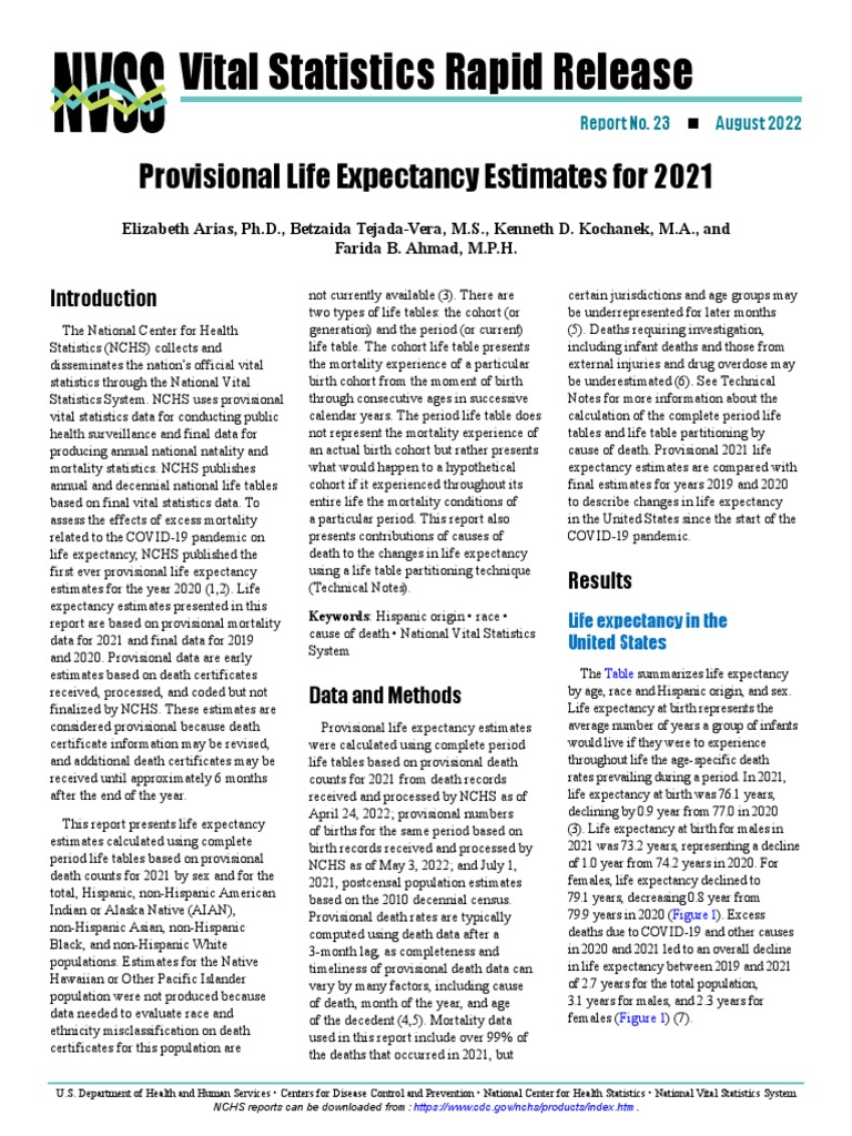 Vital Statistics Rapid Release: Provisional Life Expectancy Estimates ...