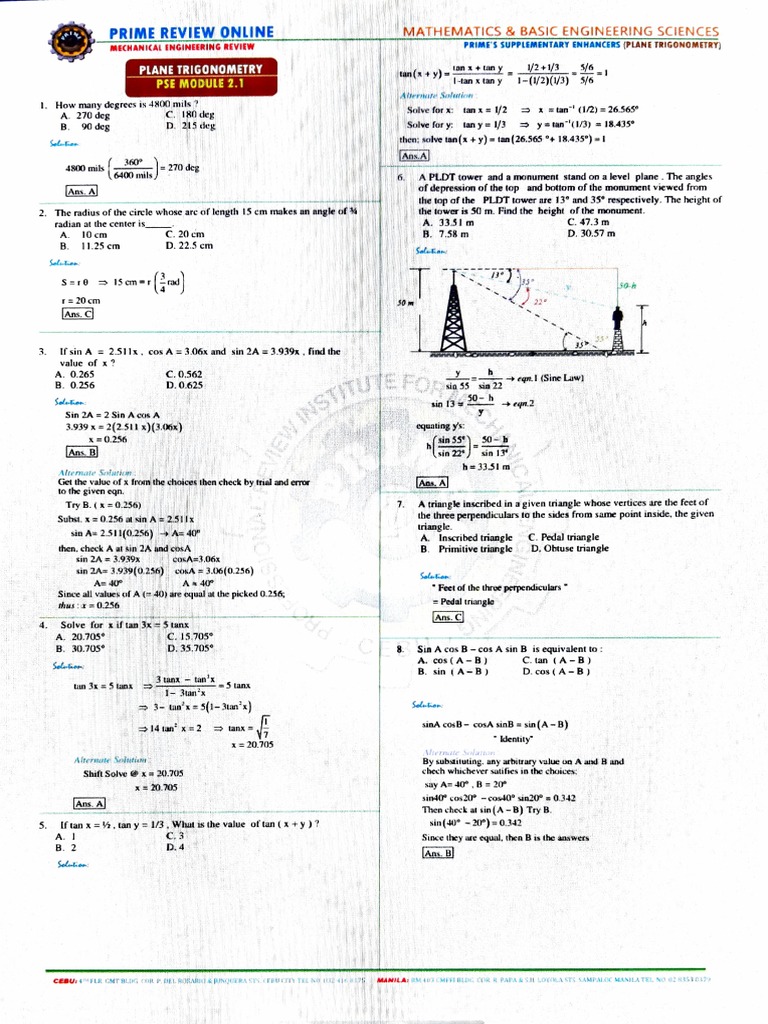 2.1 Plane Trigonometry Solutions | PDF