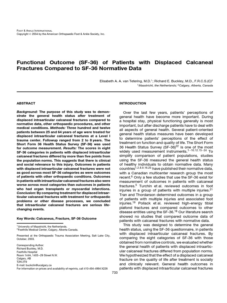 Functional Outcome (SF-36) of Patients With Displaced Calcaneal ...