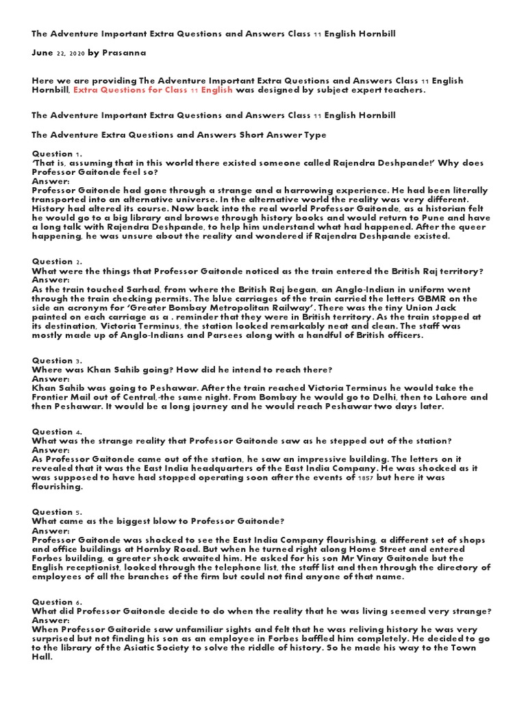The Adventure Important Extra Questions and Answer | PDF | Reality ...