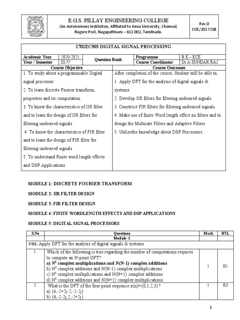 Multiple Choice Question - 1702ec503 Digital Signal Processing | PDF | Digital Signal Processing ...