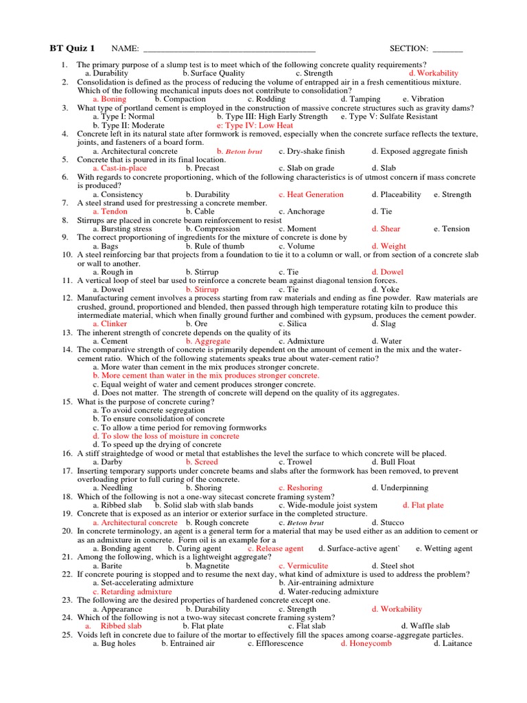 BT Joe Quiz 1 | PDF | Concrete | Cement