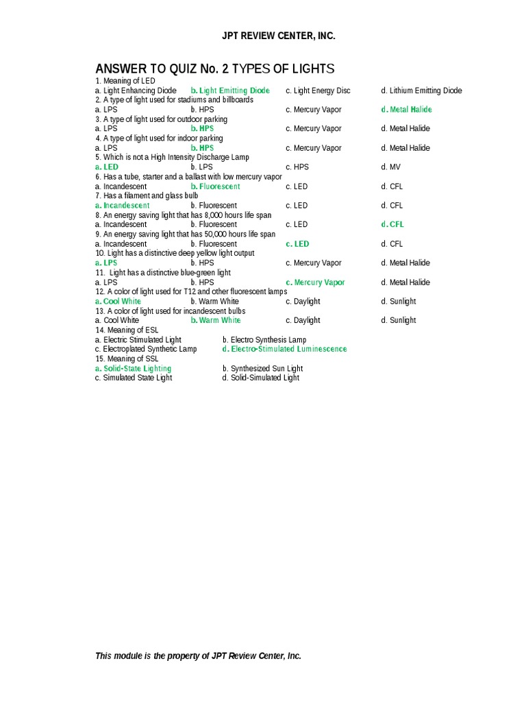 UTILITIES Pugeda Quiz 22 Types of Lights | PDF | Art | Science & Mathematics