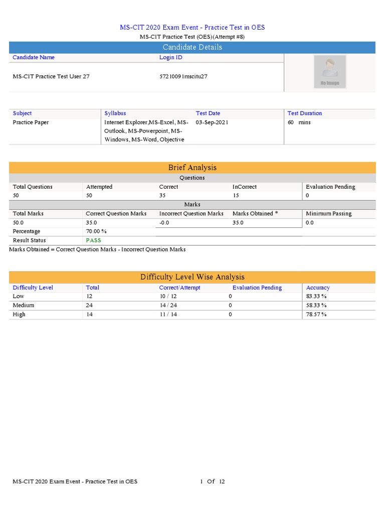 MS-CIT 2020 Practice Test Results | PDF | Test (Assessment) | Software