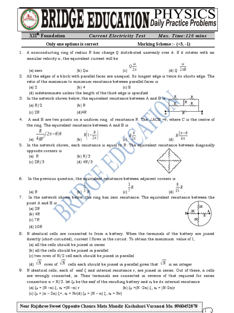 Current Electricity Test | Download Free PDF | Voltage | Series And ...