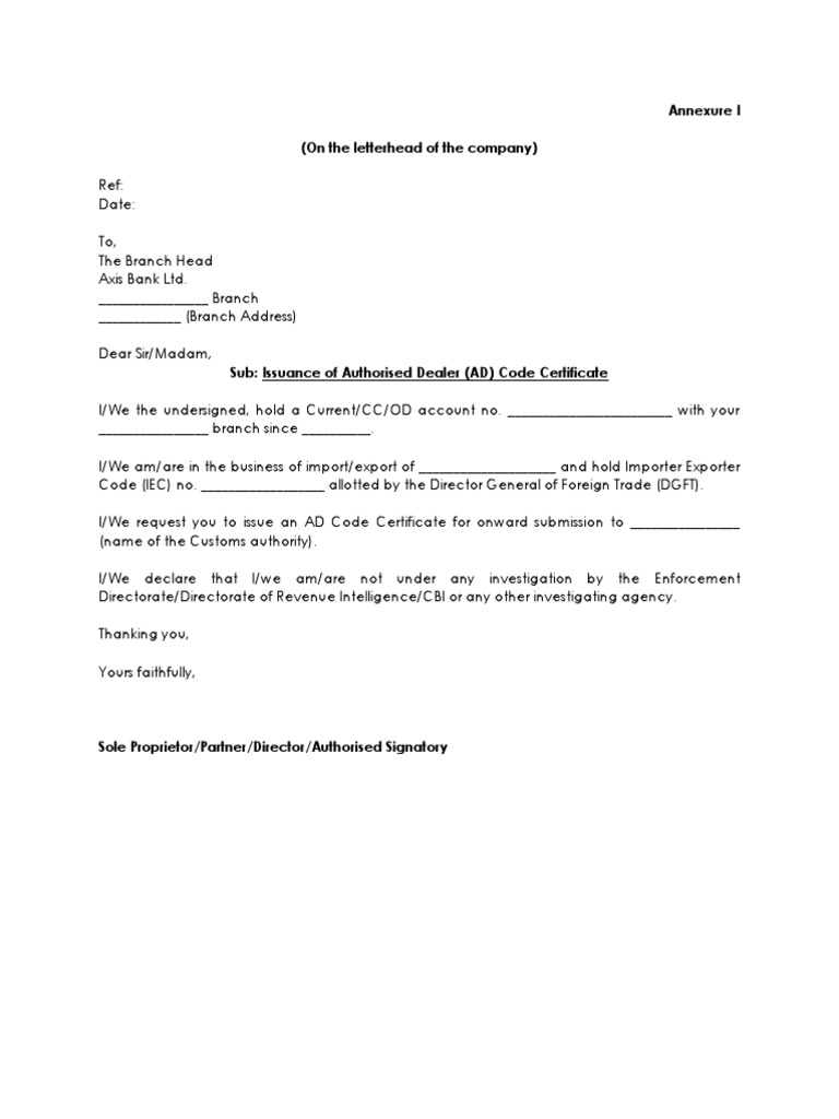 Axis Bank AD Code Certificate Request | PDF | Finance & Money ...