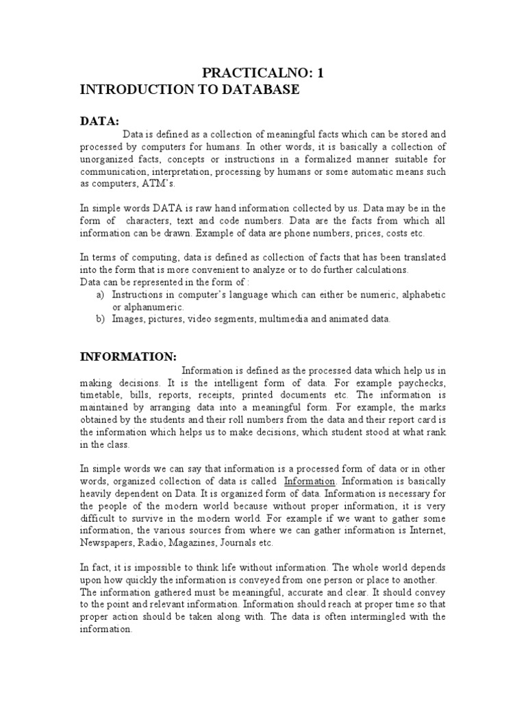 Practicalno: 1 Introduction To Database: Data | PDF | Data Warehouse ...