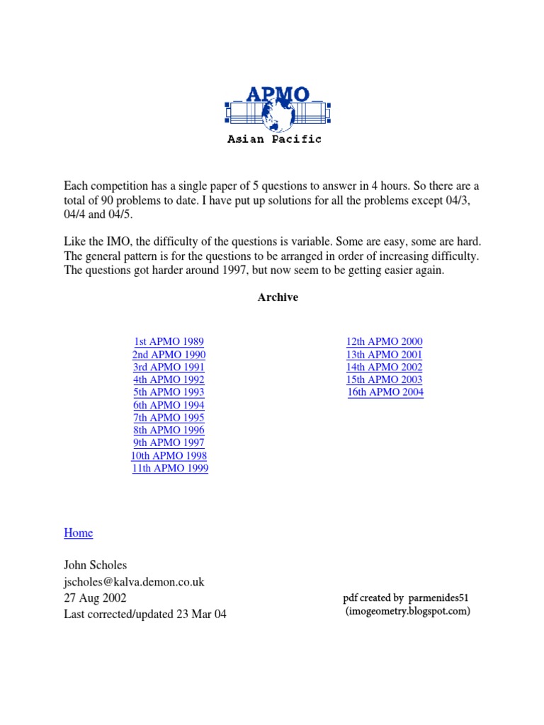 APMO 1989-2004 en With Solutions by John Scholes | PDF | Triangle | Circle