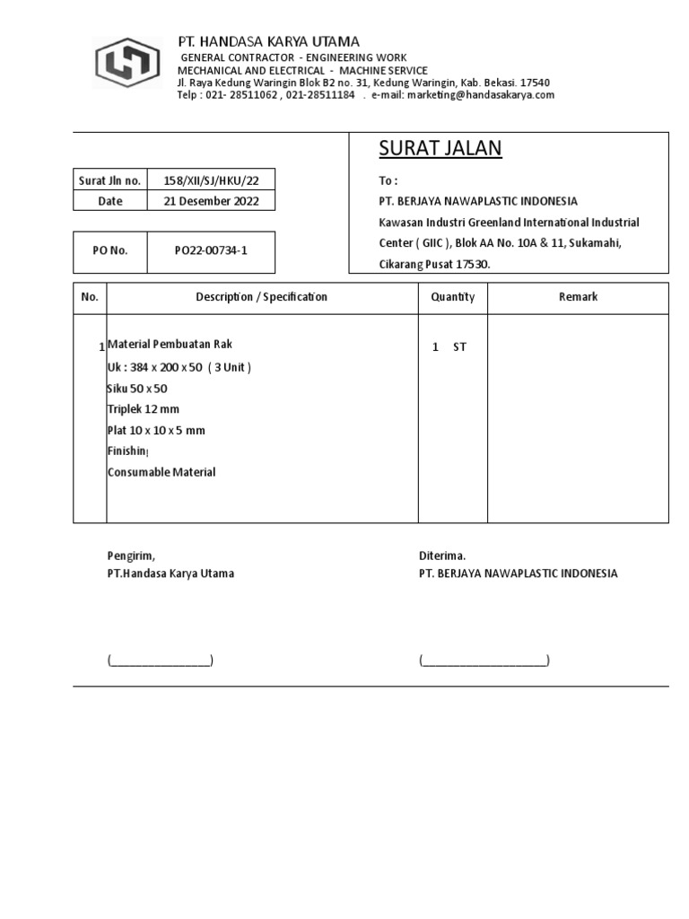 158. Surat Jalan Berjaya Nawaplastic | PDF