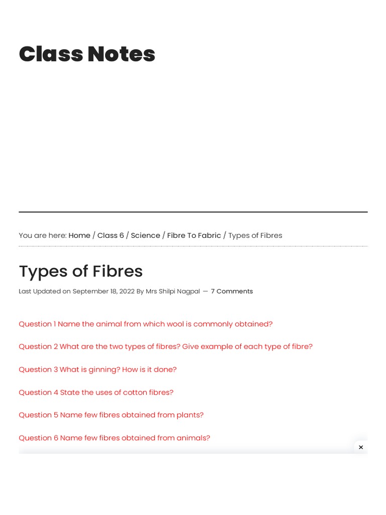 Types of Fibres - Class 6, Fibre To Fabric | PDF | Textiles | Jute
