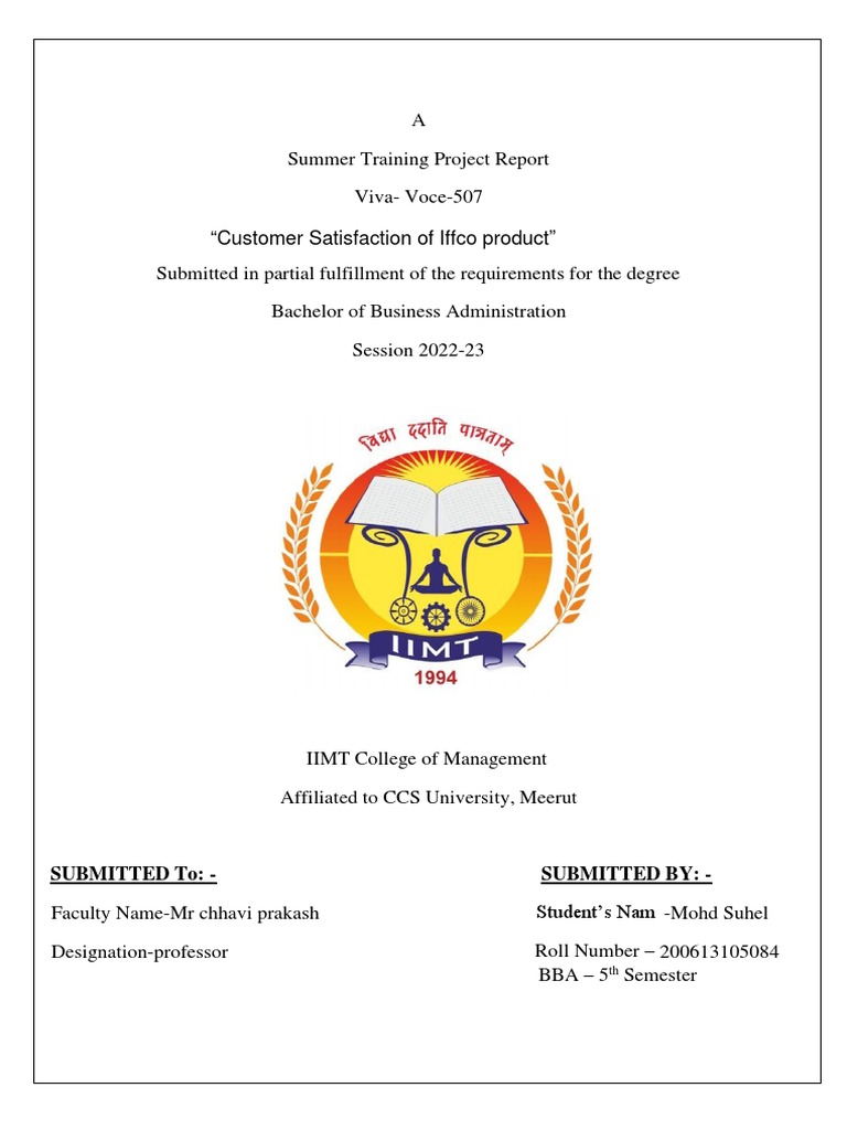 Analysis of Customer Satisfaction with IFFCO Products Based on a Summer Training Project Report ...