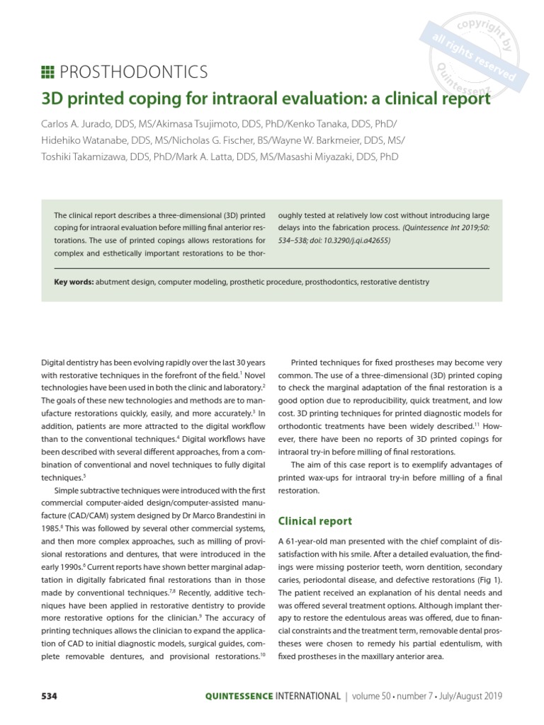 3 DPrinted Copingfor Intraoral Evaluation | PDF | 3 D Printing | Health ...