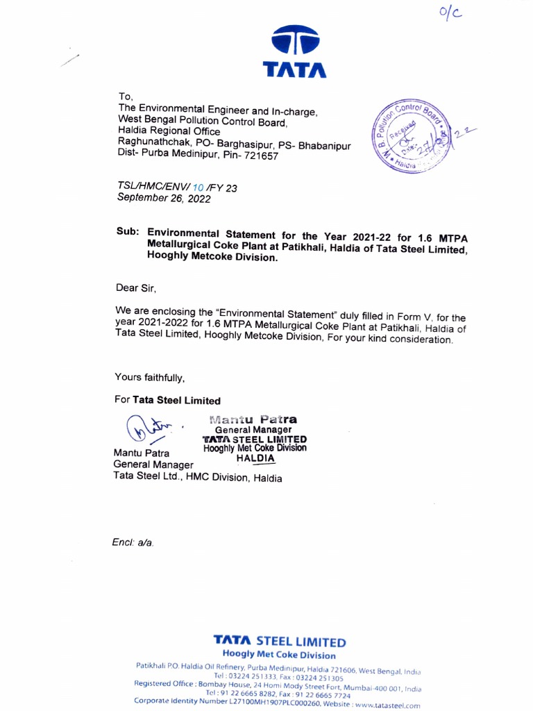 Environmental Statement Form V Tata Steel Limited Hooghly Metcoke ...