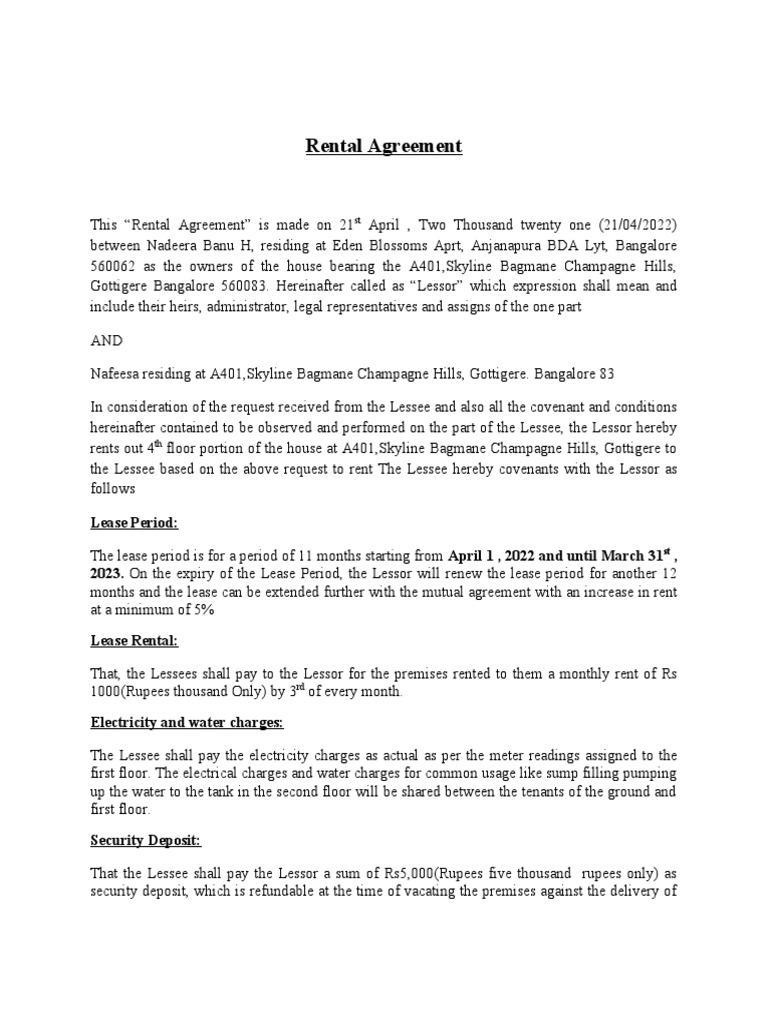 Residential Rental Agreement for 4th Floor Apartment in Skyline Bagmane ...