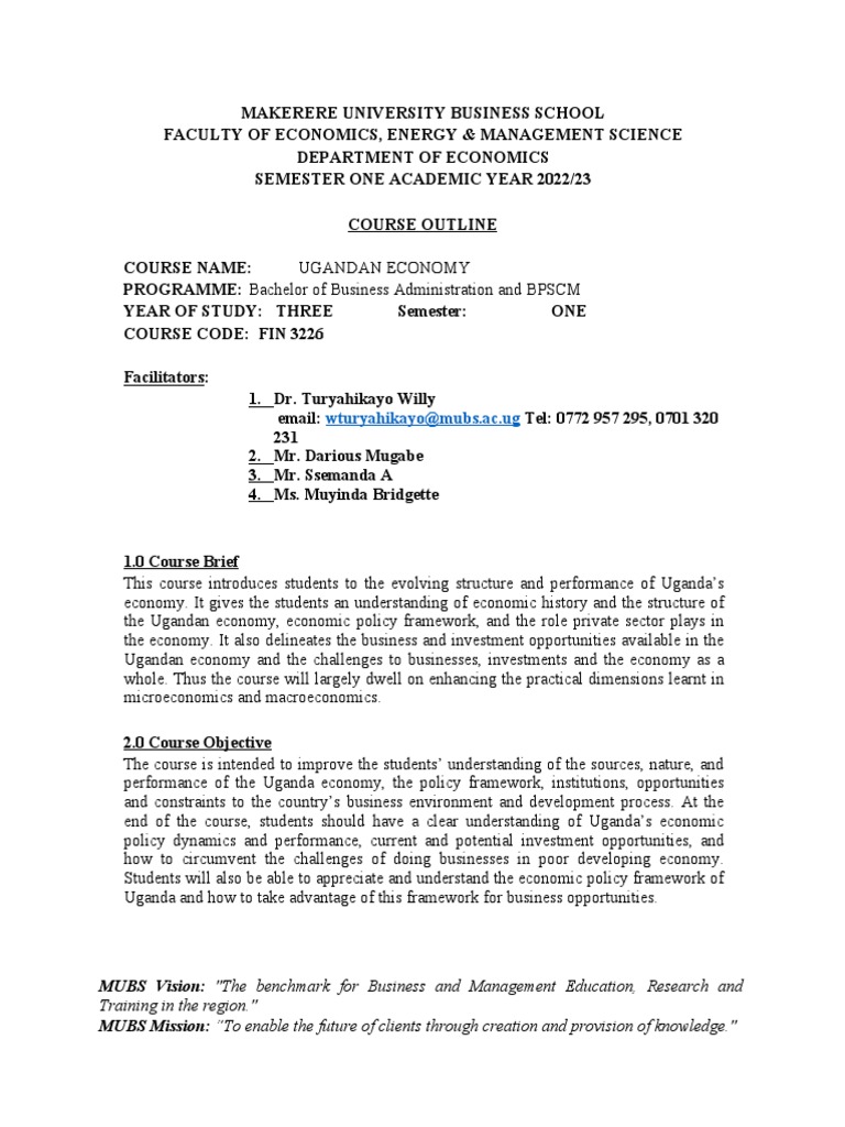 Course Outline Ug Econ - 2022-2023 Bba and BPSCM | PDF | Economies | Uganda
