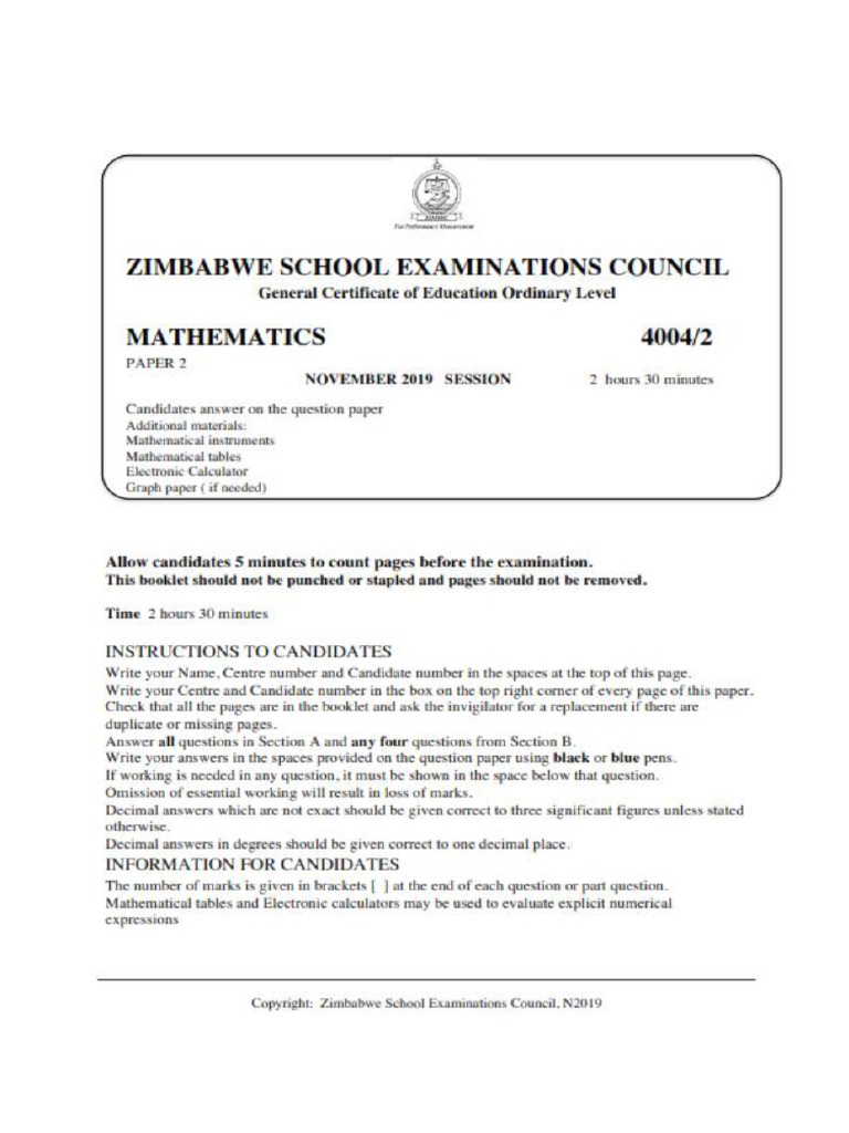 Mathematics Past Exam Paper 2 With Answers For Zimsec O Level November 2019 .PDF - ELIBRARY | PDF