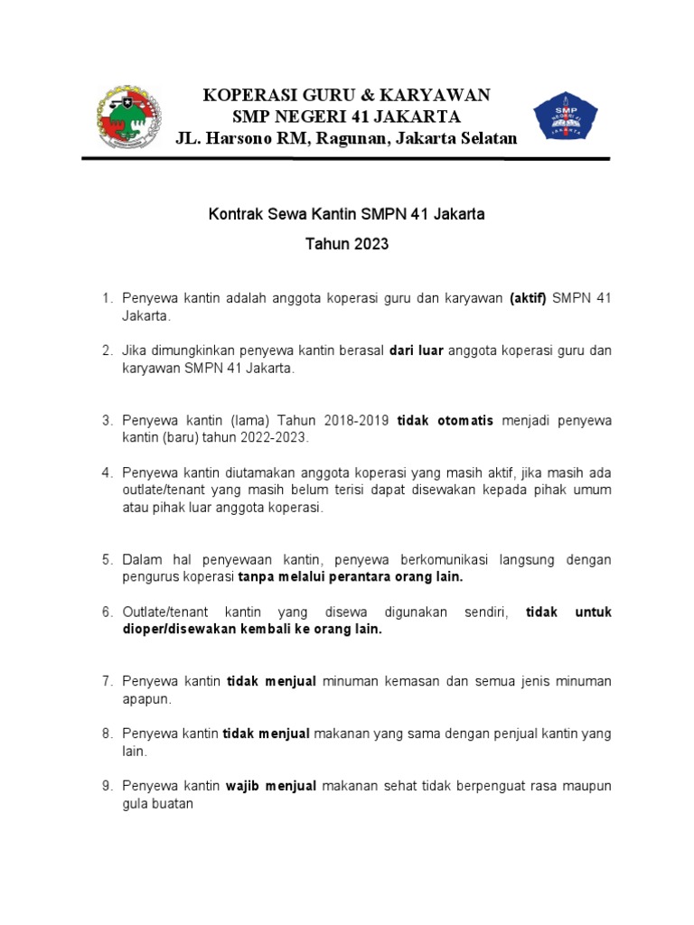 Aturan Sewa Kontrak Kantin SMPN 41 Jakarta | PDF
