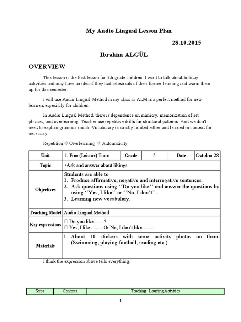 Lesson - Plan Audio Lingual - Method | PDF | Linguistics | Cognition