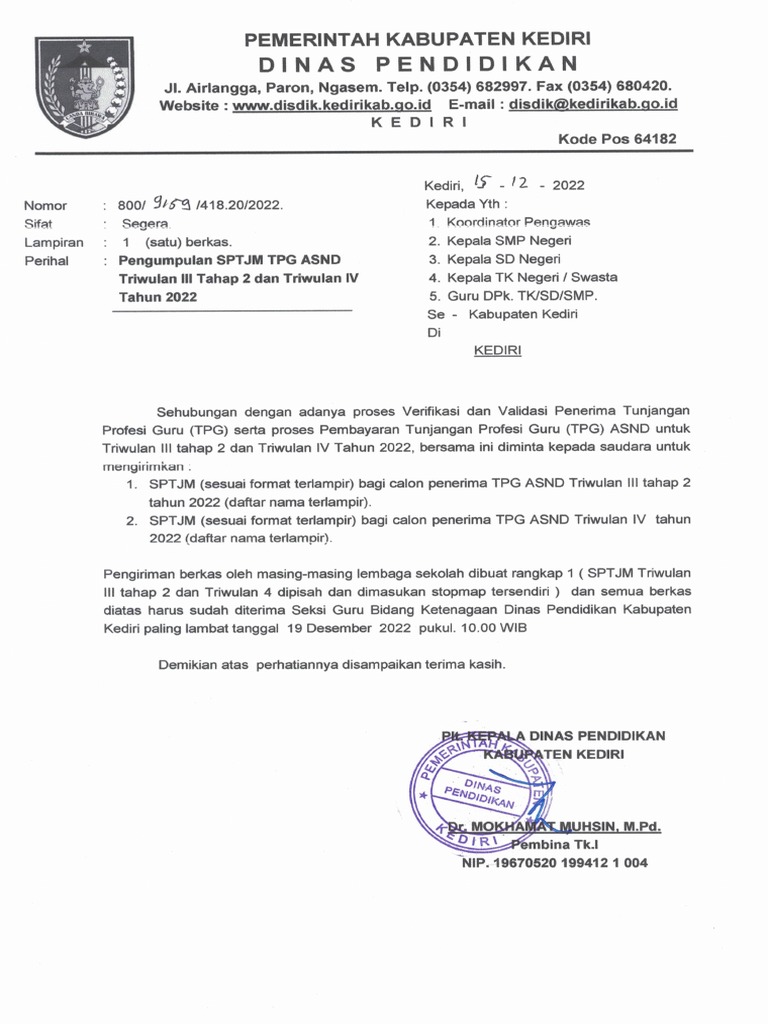 Surat Pengumpulan SPTJM TW3 Thp 2 Dan TW 4 Tahun 202215122022 | PDF
