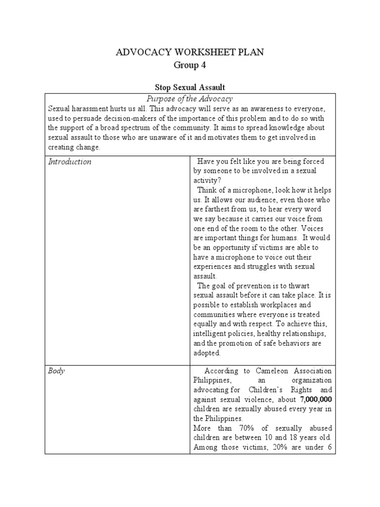 Stop Sexual Assault Advocacy Worksheet | PDF | Prostitution | Rape
