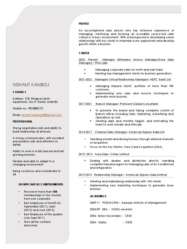 Nishant Kamboj One Page Resume 2022-1 | PDF | Sales | Market (Economics)