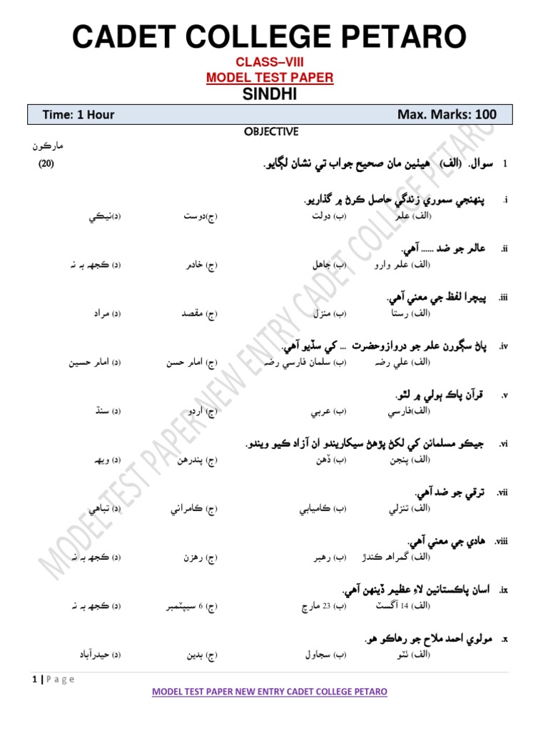 Sindhi Test Paper Viii | PDF