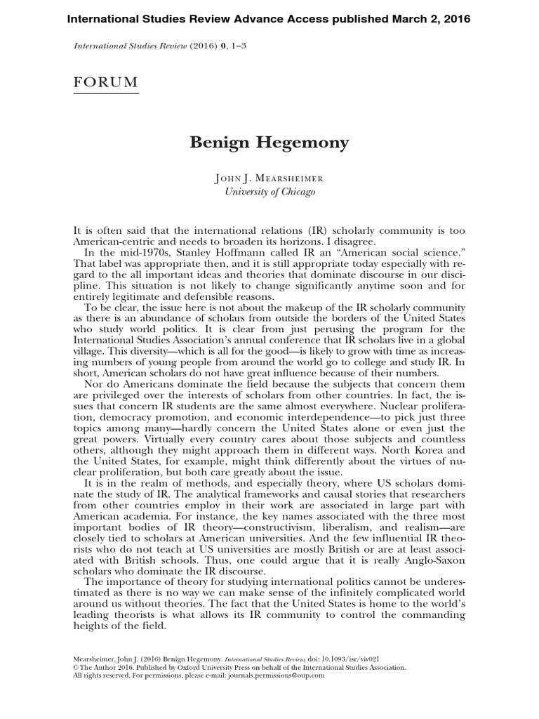 John J. Mearsheimer - Benign Hegemony | PDF | Philosophical Theories