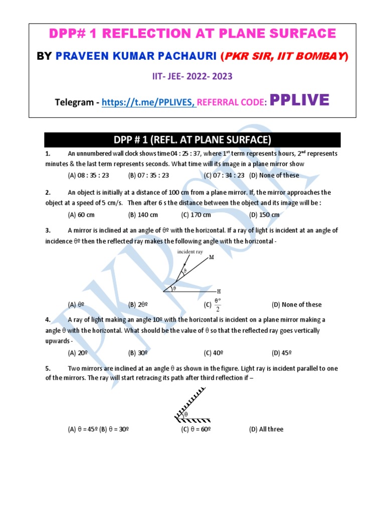 DPP 1 Reflectionatplanesurfacepc | PDF | Mirror | Reflection (Physics)