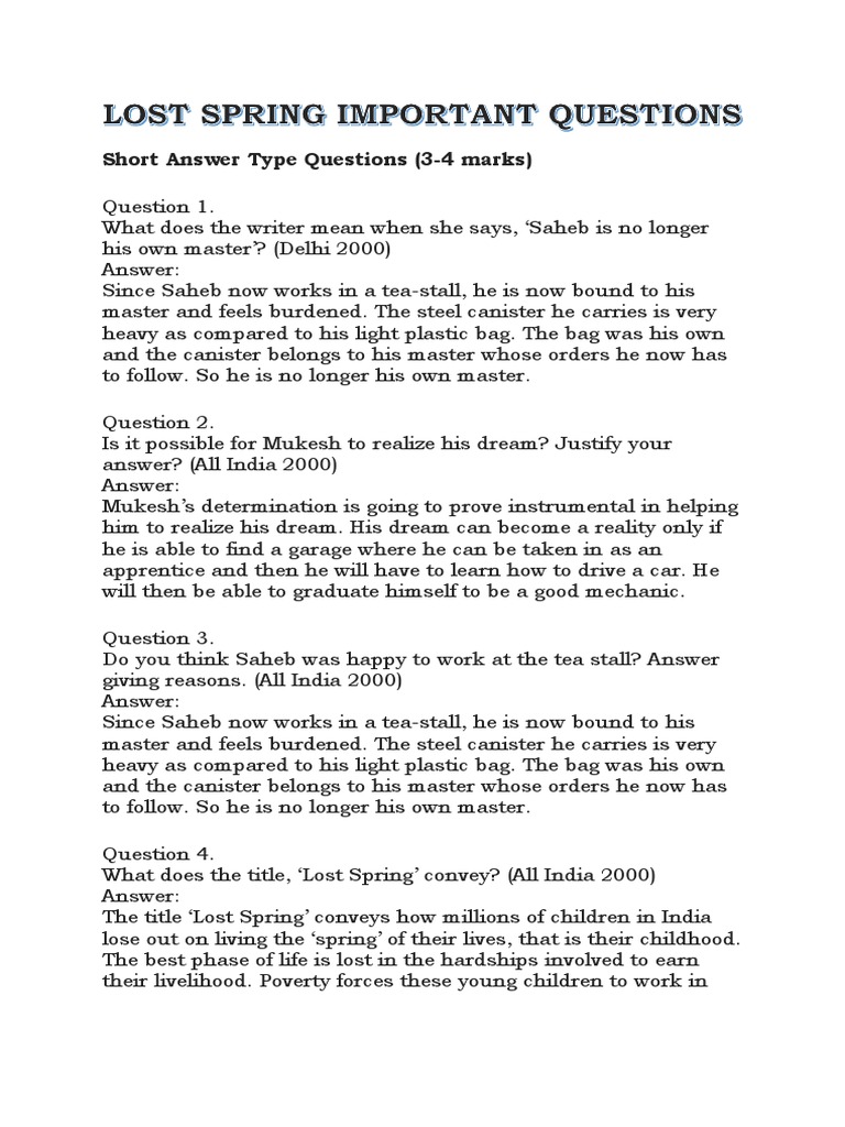 Lost Spring Important Questions | PDF | Metaphor | Poverty