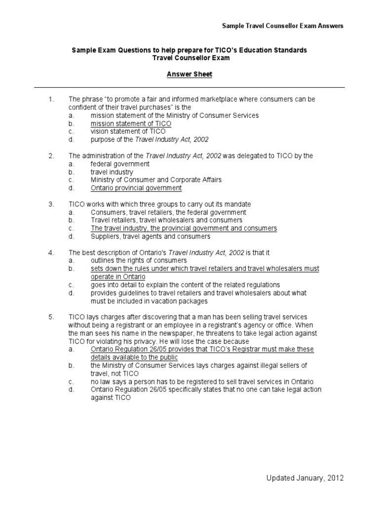 Tico Sample Exam Travel Counsellor Answer Sheet e | PDF | Identity Document | Fee