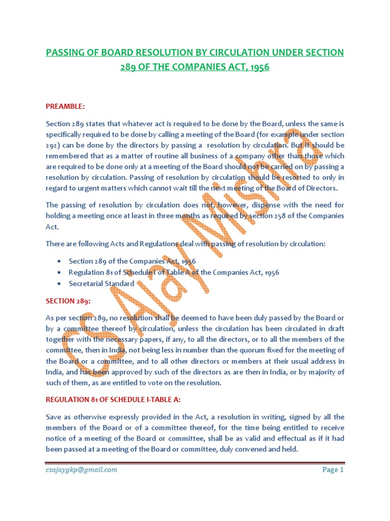 10 Resolution Passed by Circulation Under Section 289 of Companies Act ...