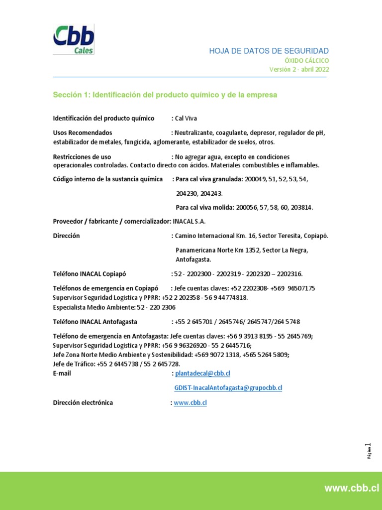 HDS Óxido Cálcico Abril 2022-V2 (2) | PDF | Agua | Quemar