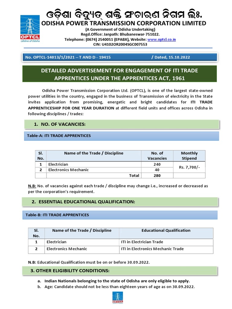 Notification OPTCL ITI Trade Apprentice Posts | PDF | Apprenticeship ...