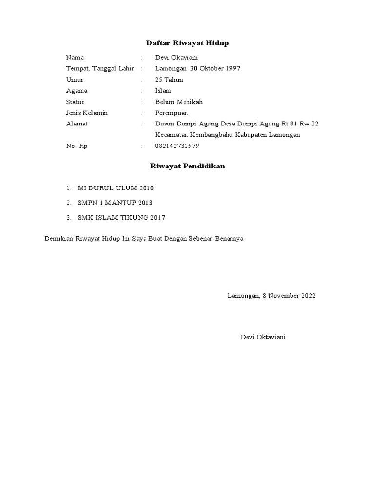 Lamaran Kerja Devi Oktaviani | PDF