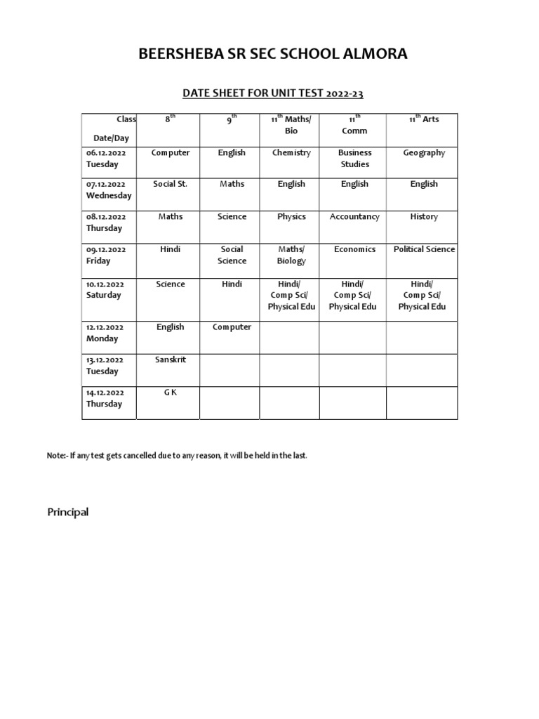 Datesheet 8 9 11 Unit Test 2022-23 | PDF Datesheet 8 9 11 Unit Test 2022-23 | PDF
