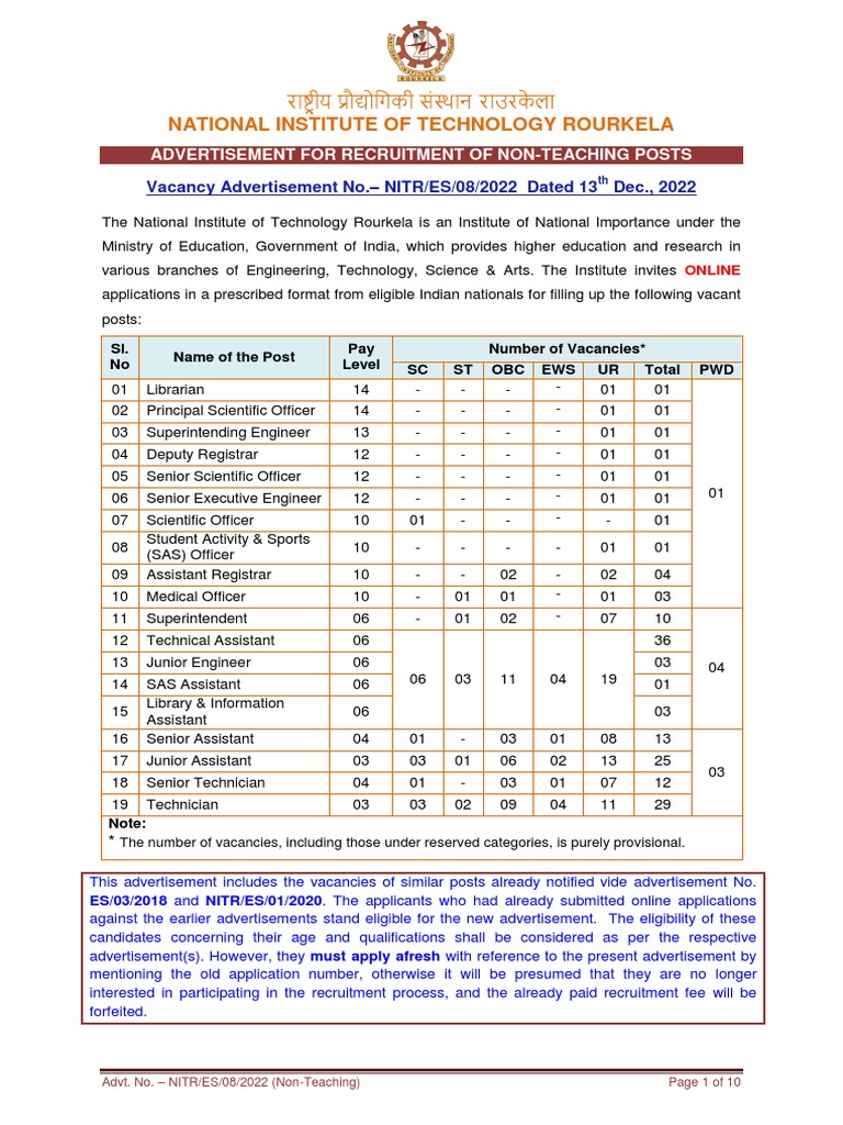 Notification NIT Rourkela Various Vacancy | PDF | Academic Degree ...