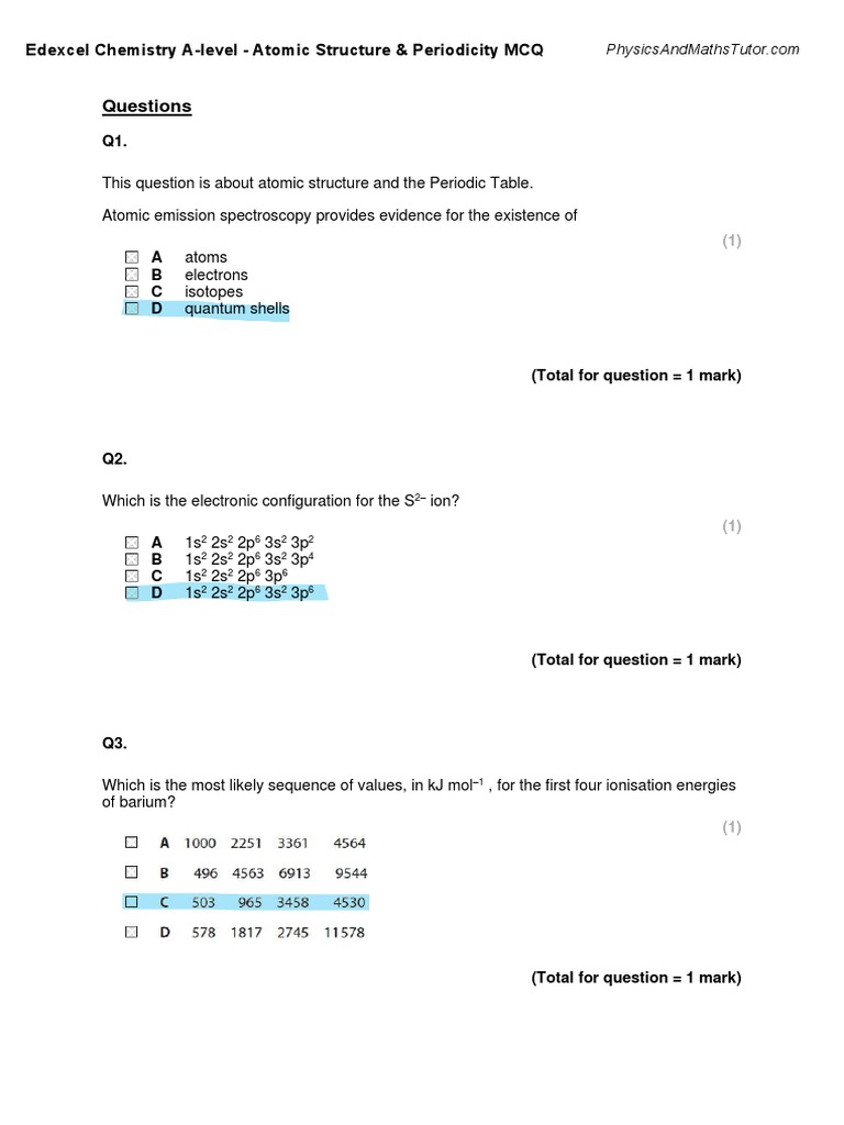 A-Level Chemistry: Atomic Structure MCQs | PDF | Periodic Table ...