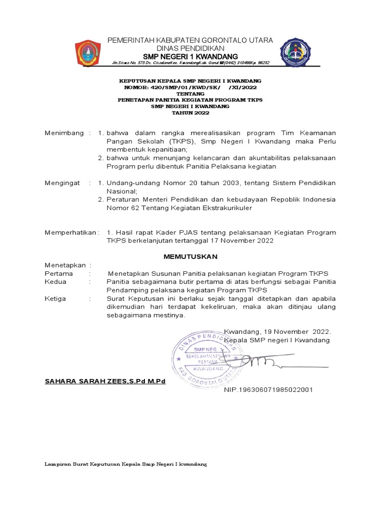 Penetapan Panitia Program TKPS 2022 | PDF