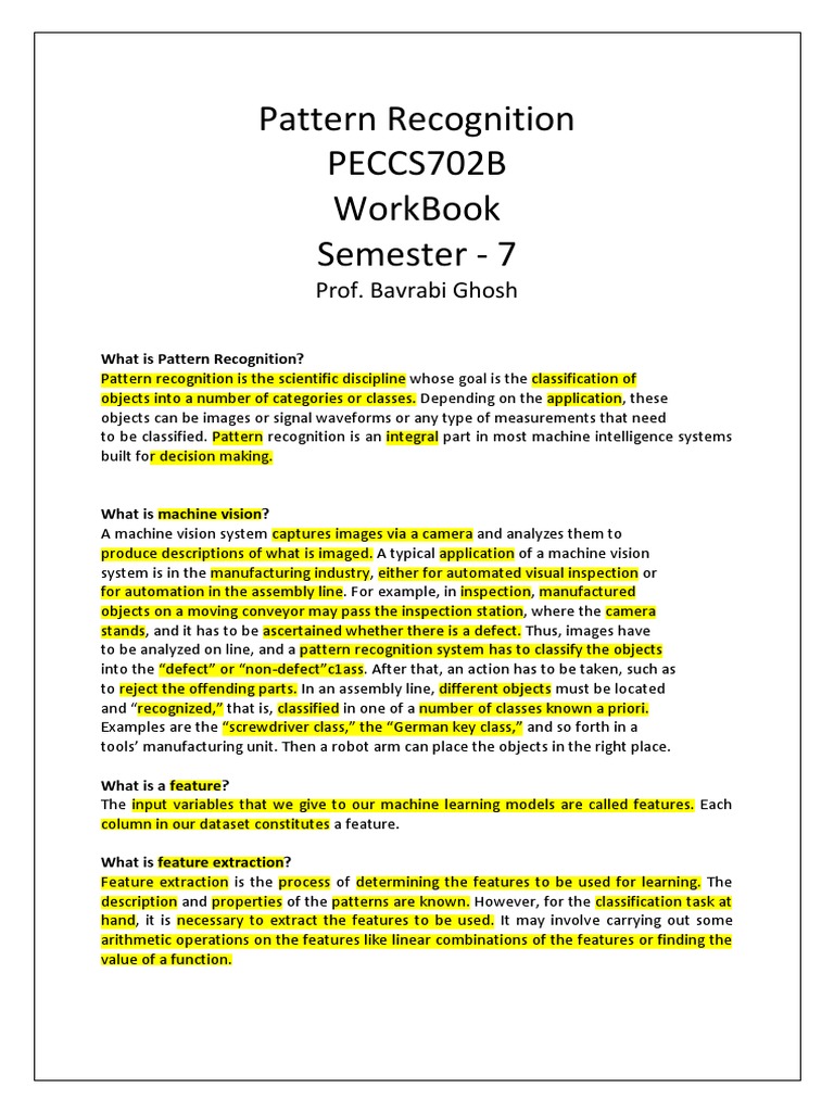 Workbook of Pattern Recognition | PDF | Pattern Recognition | Computer ...