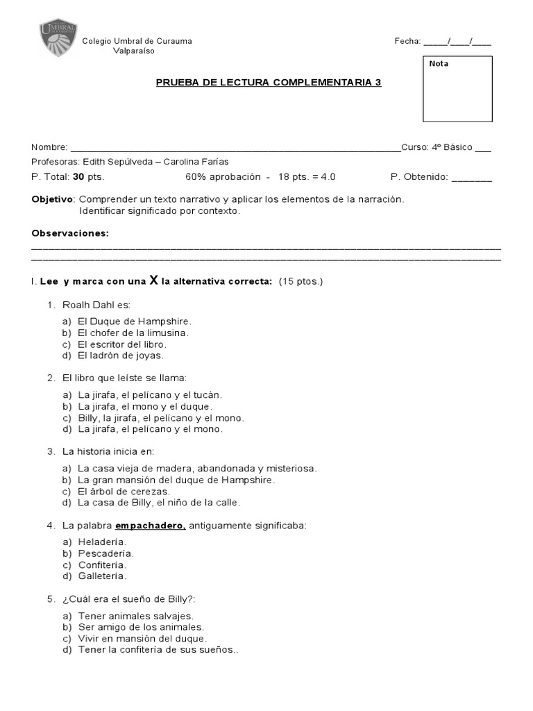 Prueba de lectura: La jirafa, el pelícano y el mono | PDF | Hogar ...